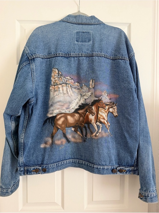 Jackets & Coats | Blue Denim Jacket With Horse Back Artwork | Poshmark